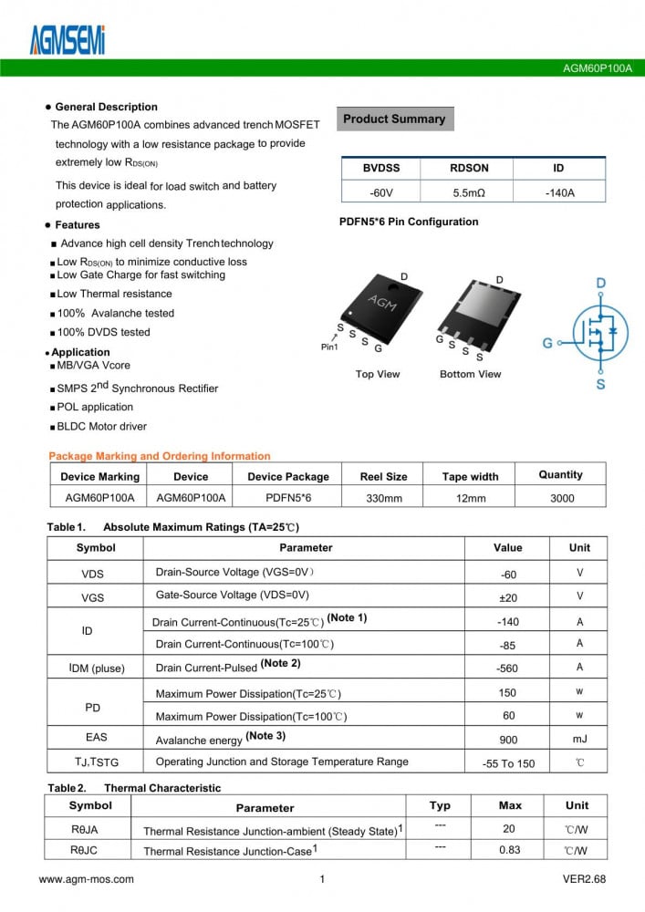 AGM60P100A datasheet page 1