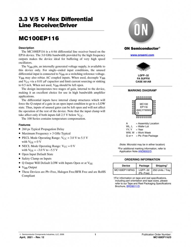 MC100EP116 datasheet page 1