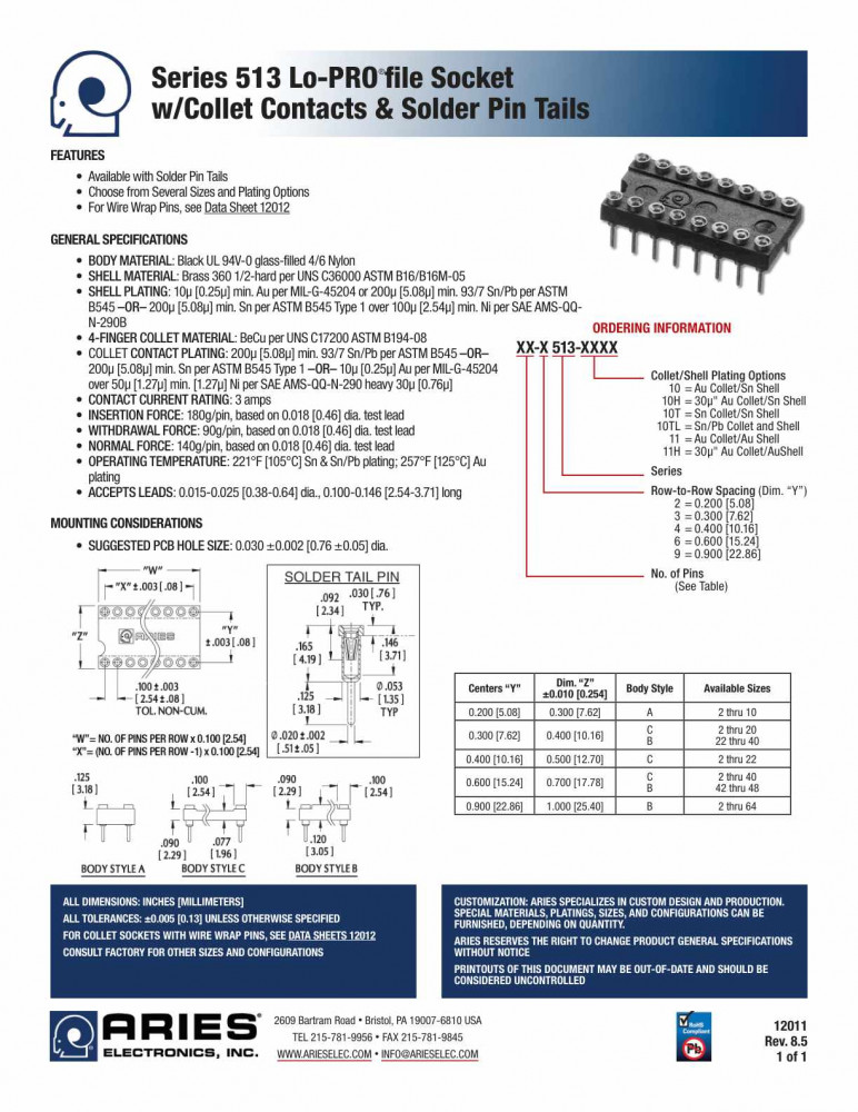 Aries Electronics 40-9513-10 technical drawing and ordering information