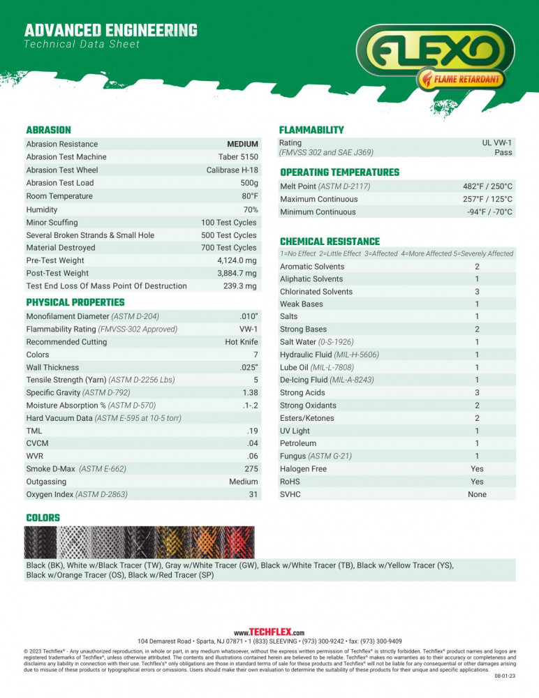 FLEXO flame-retardant sleeving technical document, page 2