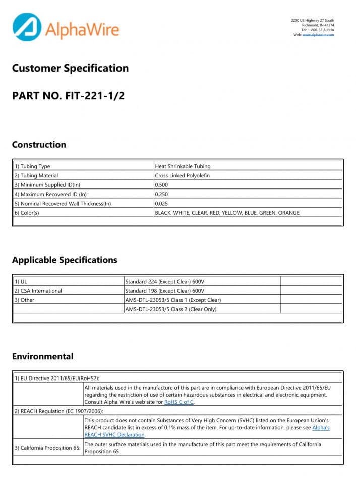 Alpha Wire F2211/2 YL025 technical document page 1