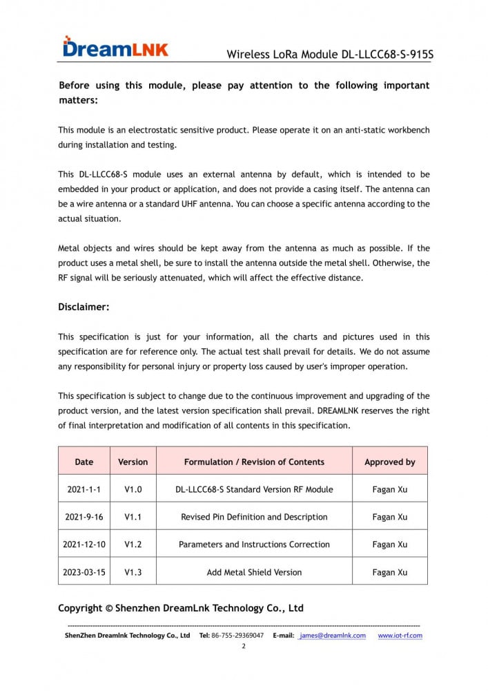 DL-LLCC68-S-915S datasheet page 2