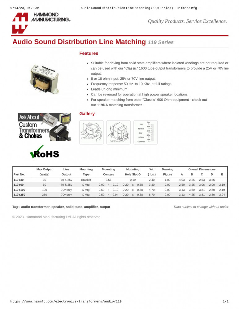 Hammond 119 Series audio line matching transformer documentation