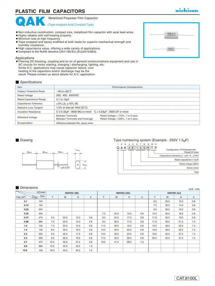 Nichicon QAK2J105KTP technical document preview