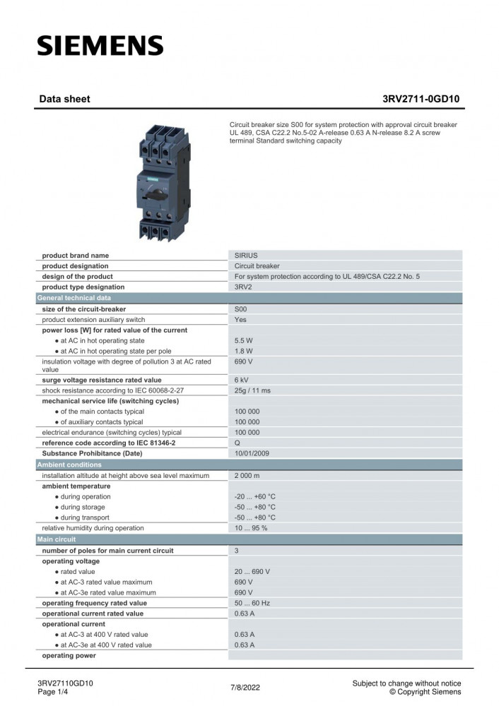 3RV27110GD10 datasheet page 1