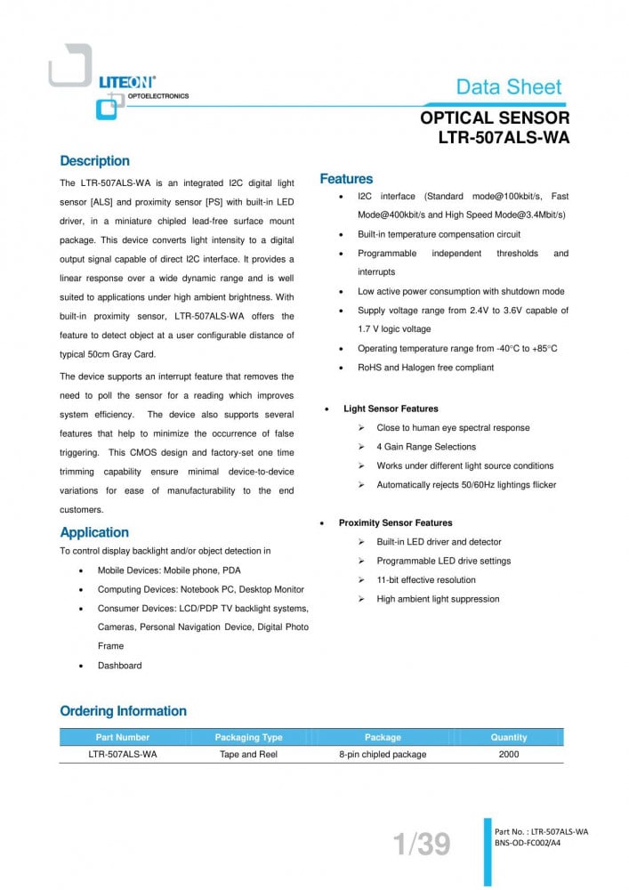 LTR-507ALS-WA datasheet page 2