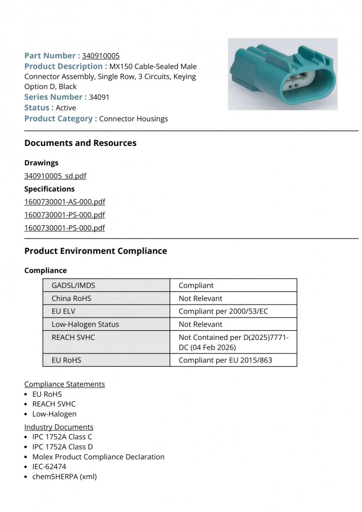 MOLEX 340910005 technical document page 1