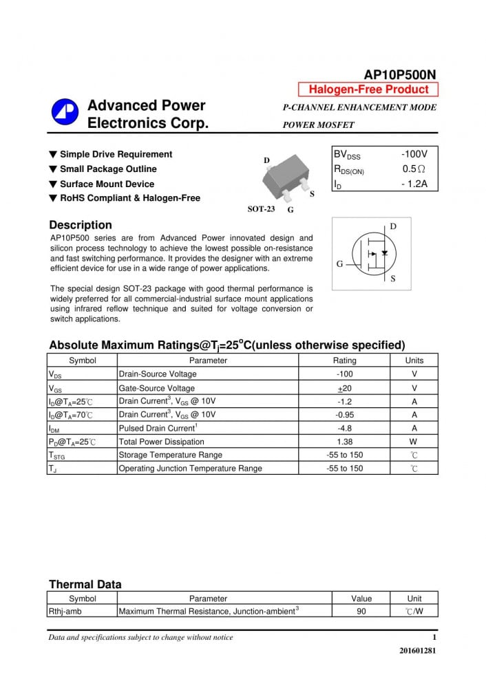 APEC AP10P500N datasheet page 1
