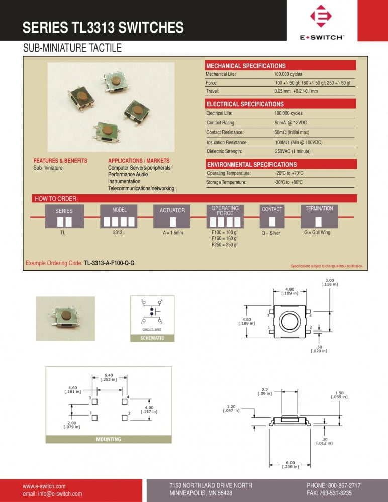 E-Switch TL3313 series technical document preview