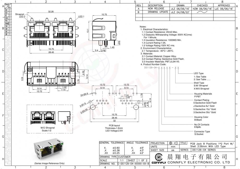 CONNFLY DS1129-04 series technical drawing page 1