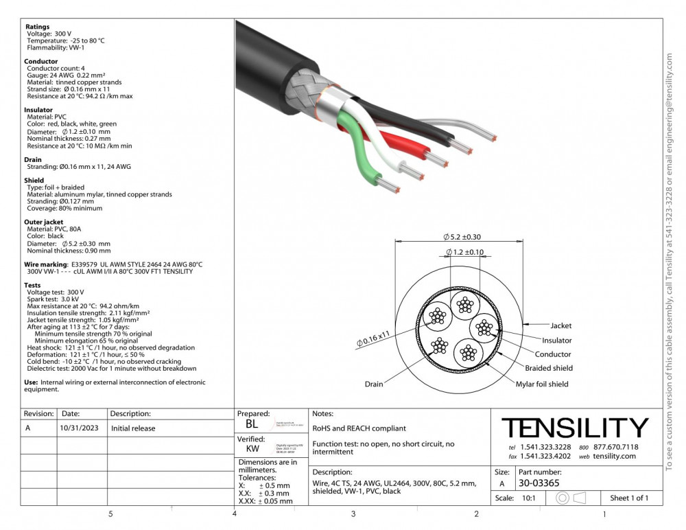Tensility International 30-03365 cable drawing and specification page