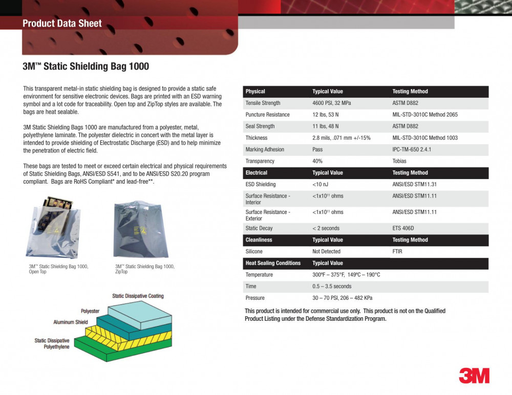 3M Static Shielding Bag 1000 product data sheet page 1