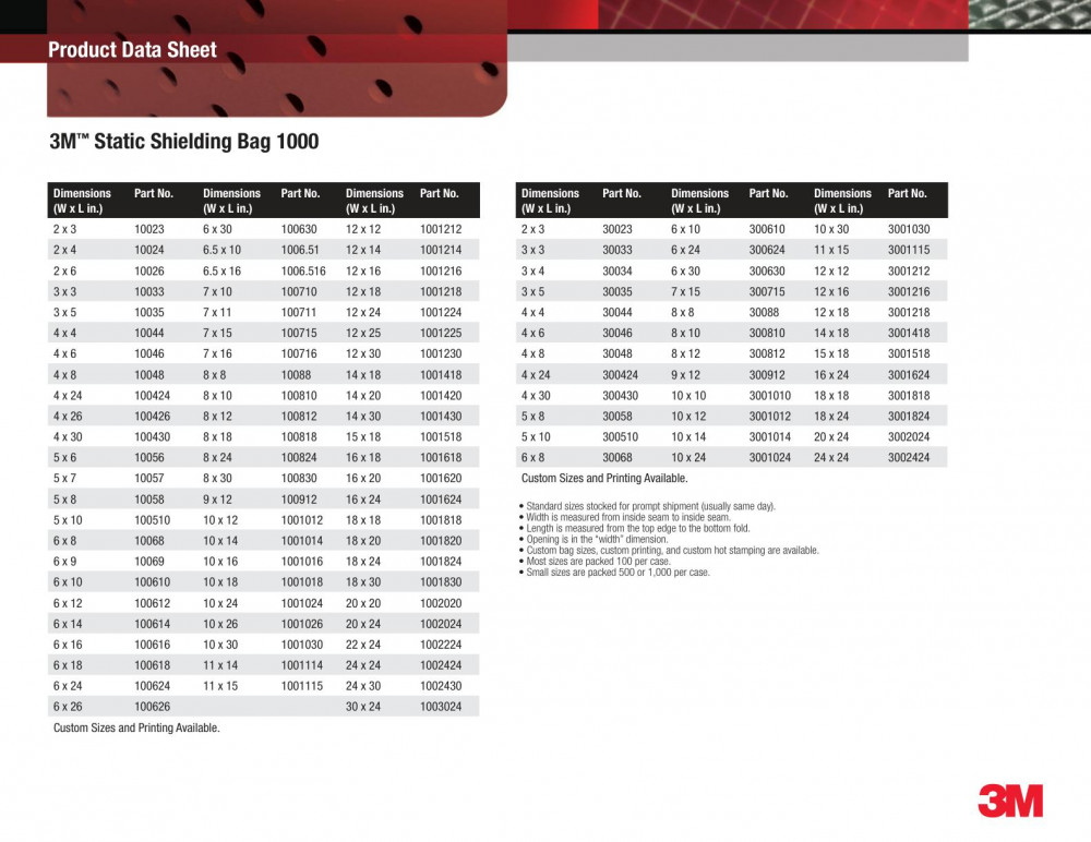 3M Static Shielding Bag 1000 size selection page