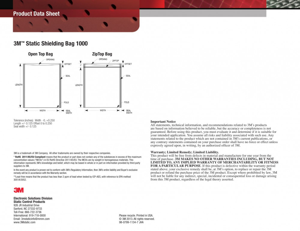 3M Static Shielding Bag 1000 dimensional tolerance page