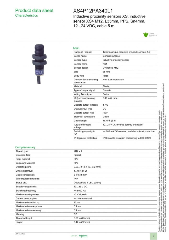 XS4P12PA340L1 technical document page 1