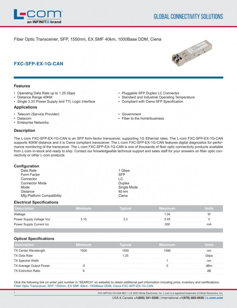 FXC-SFP-EX-1G-CAN datasheet page 1