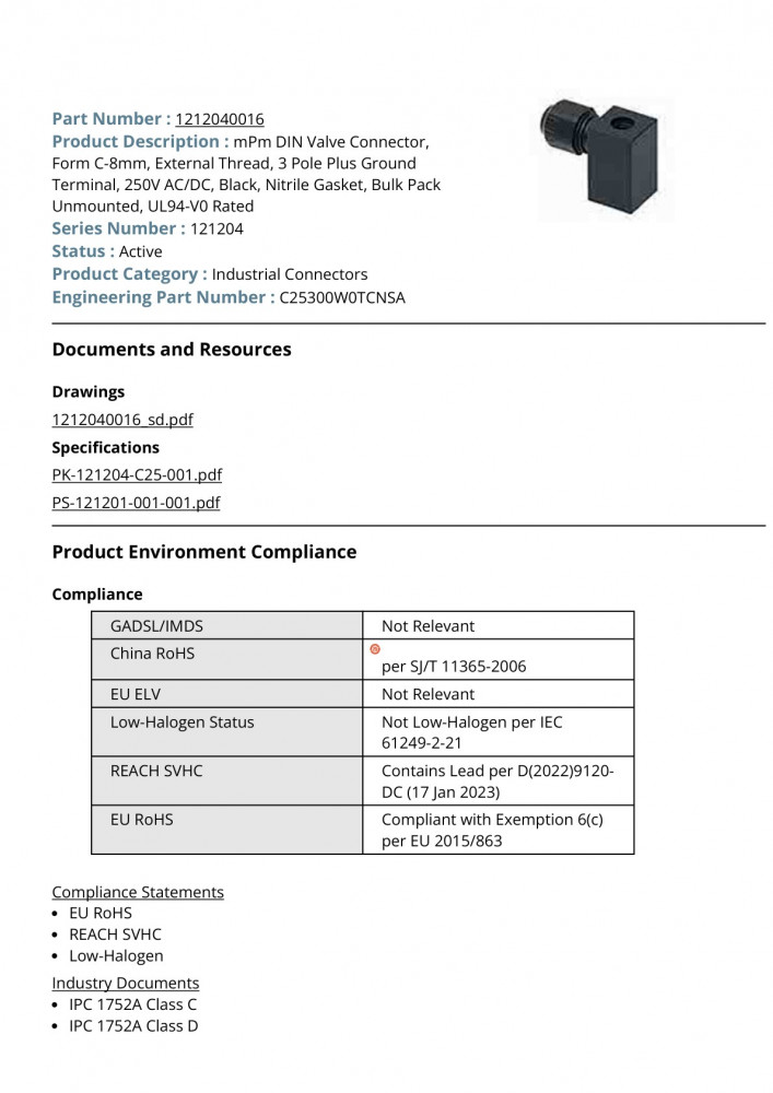 DIN valve connector specification preview, page 1