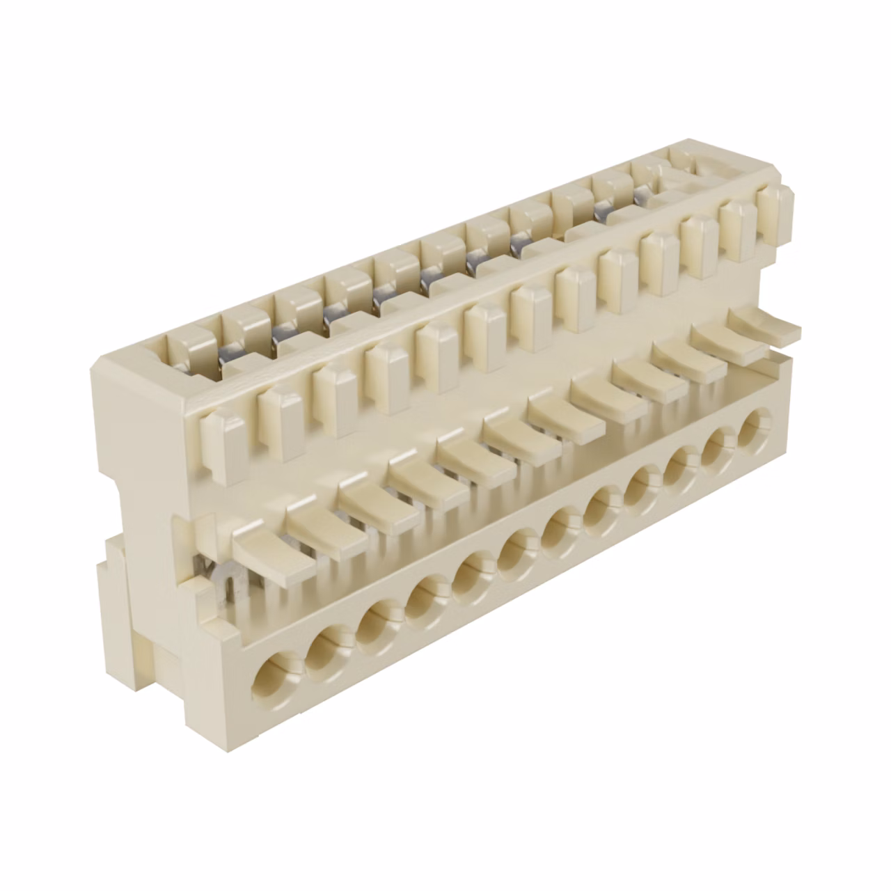 Appli-Mate RAST 2.5 Connector, 2.50mm Pitch, Female, 12 Circuits, Circuit 2 and 11 Voided, Polarizing Rib Between 5/6, Latch at Circuit 2 and 11, Closed Endwalls, Gold Plating