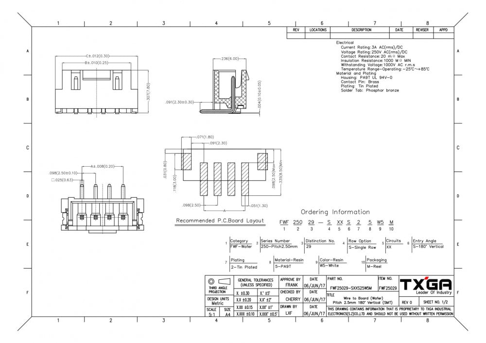 TXGA FWF25029 connector technical document page 1