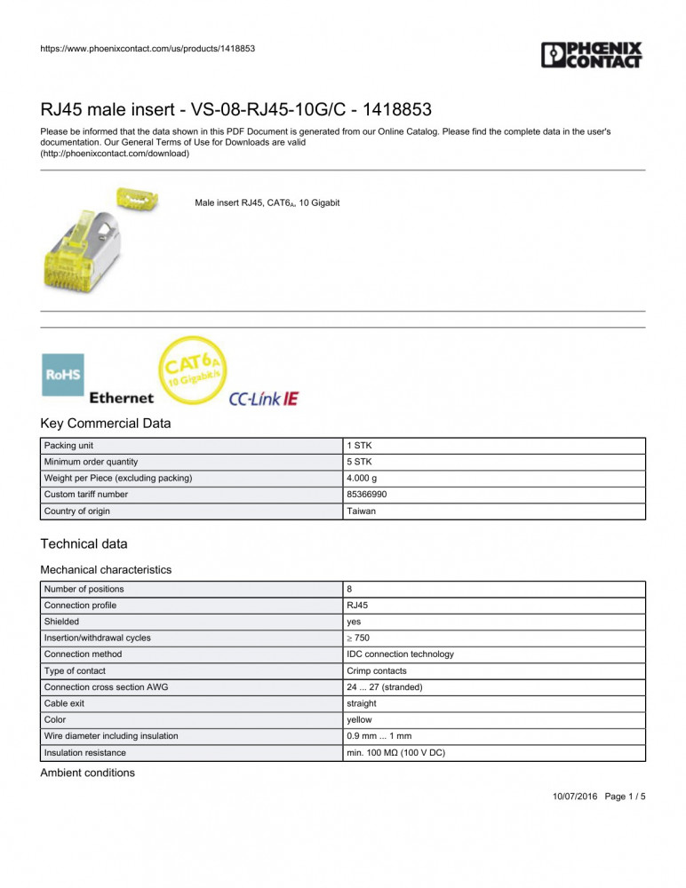 Phoenix Contact 1418853 technical document page 1