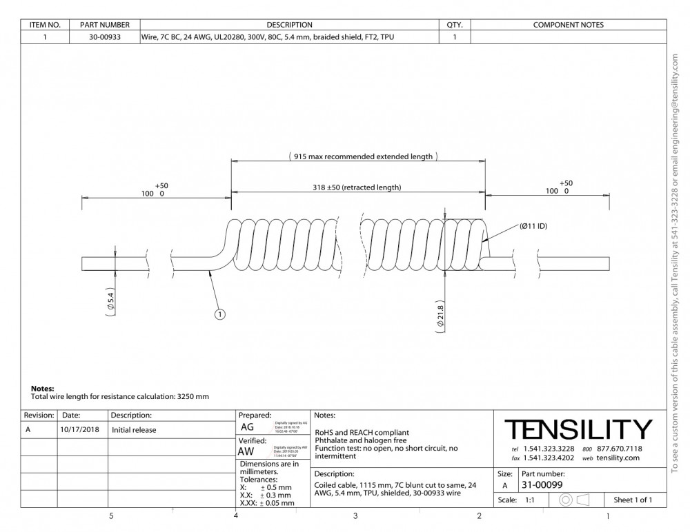 Tensility International 31-00099 cable assembly drawing