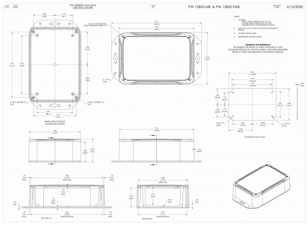 PW-12850-MB product drawing and enclosure documentation