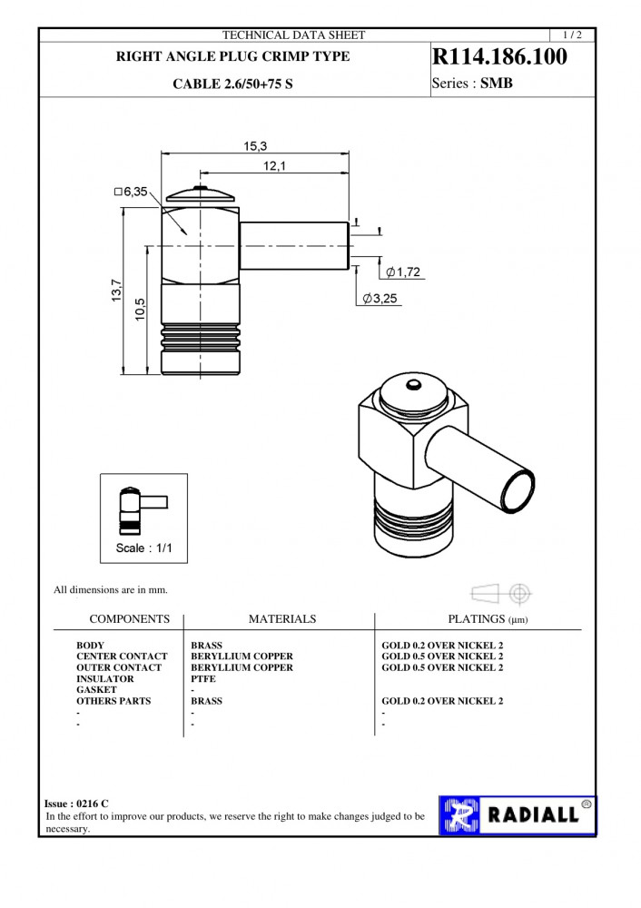 Radiall R114186100 technical datasheet page 1