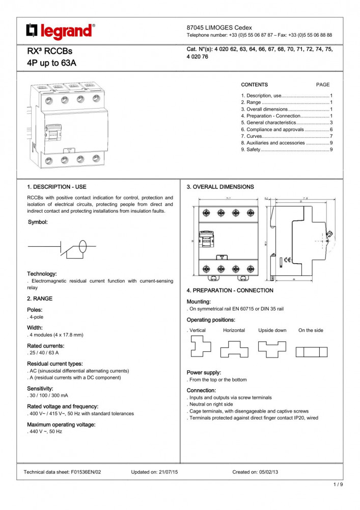 Legrand RX3 RCCB technical document, page 1