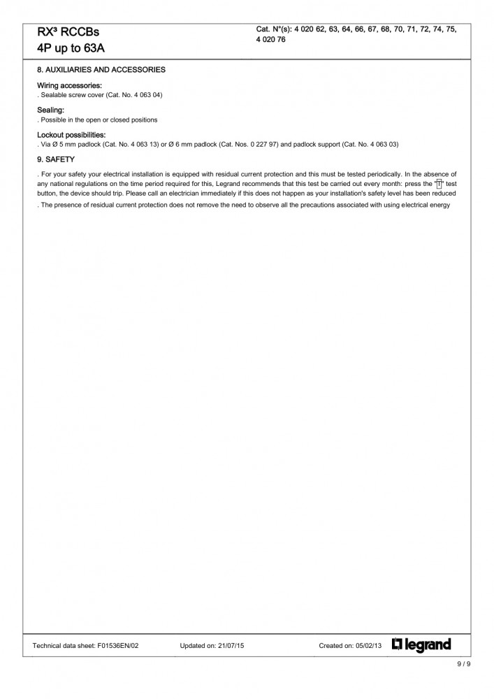 Legrand RX3 RCCB technical document, page 9