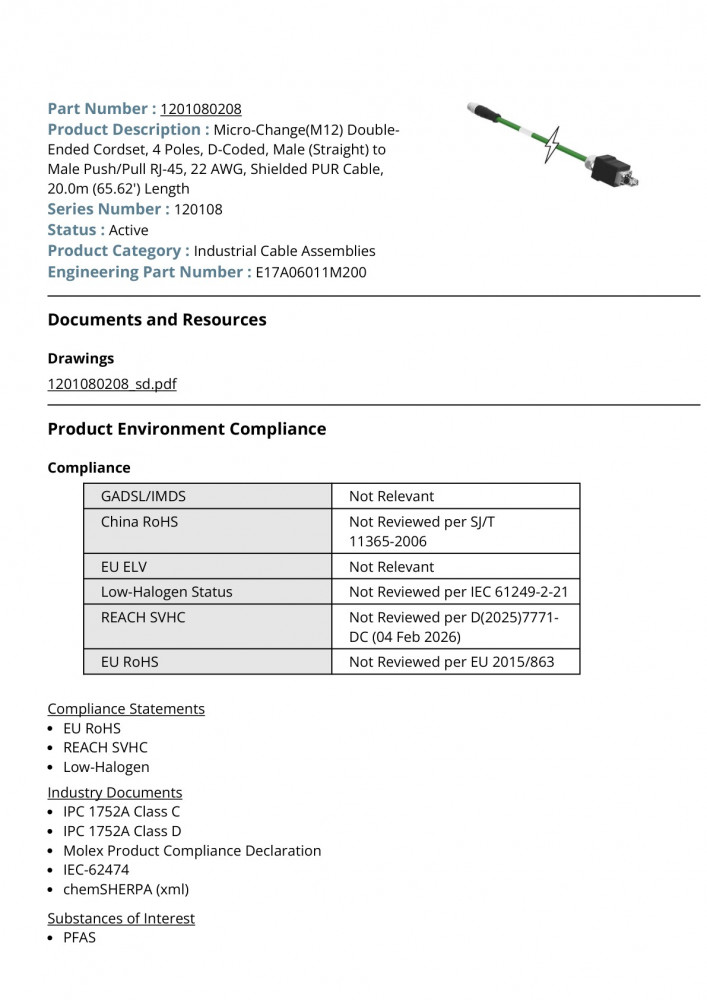 Molex cable assembly technical drawing page 1