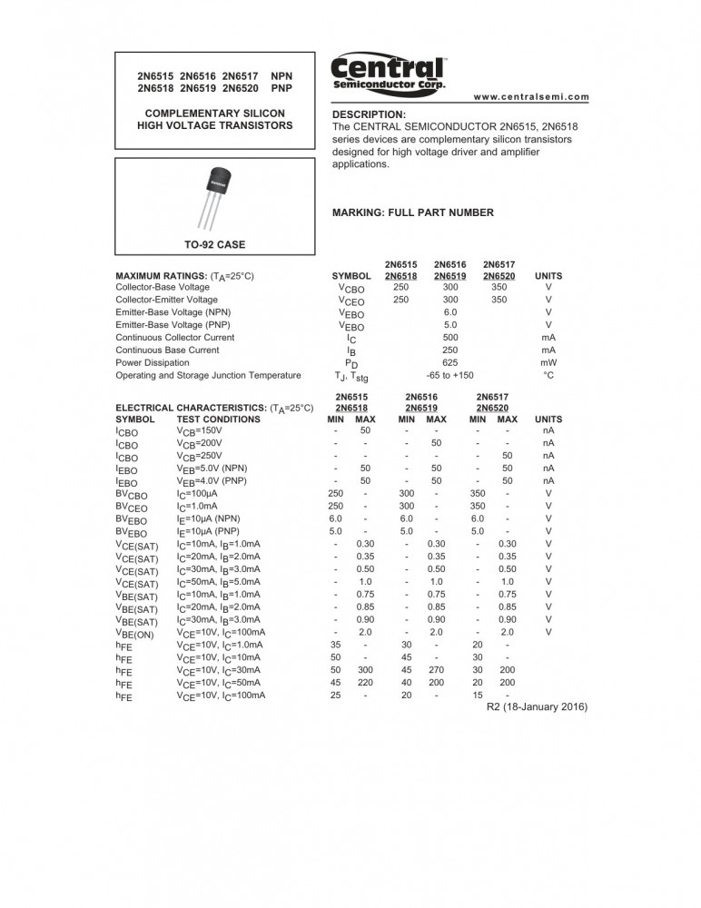 Central 2N6520 datasheet page 1