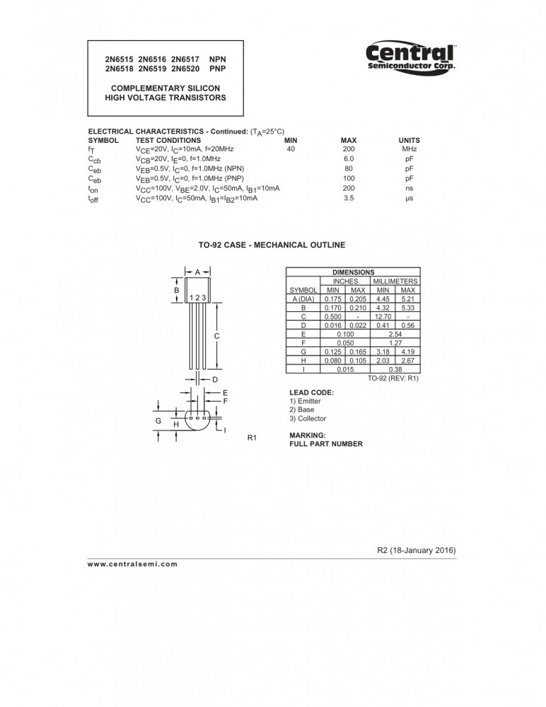 Central 2N6520 datasheet page 2