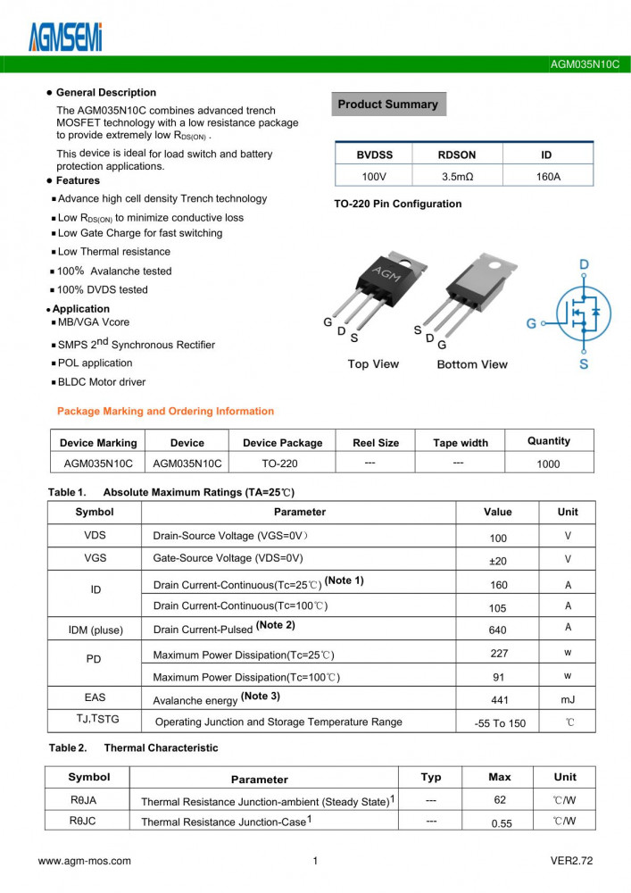 AGM035N10C datasheet page 1