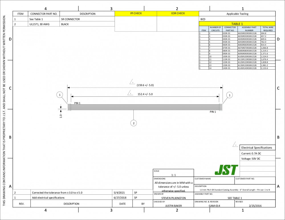 JST SR connector assembly technical document preview