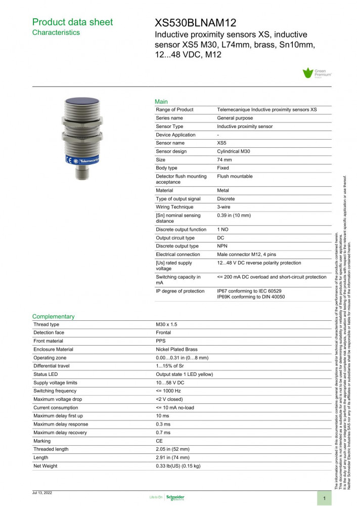 XS530BLNAM12 technical document page 1