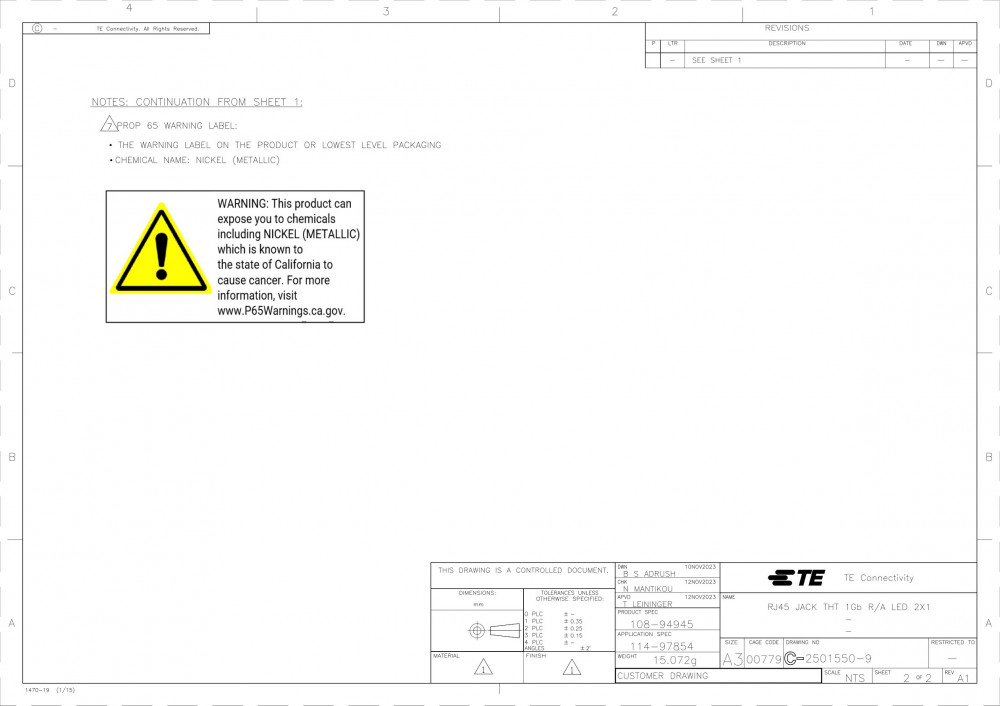 TE Connectivity 2501550-9 controlled drawing sheet 2