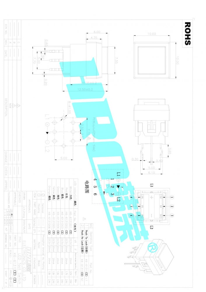 K6-6131D01-L1 LED tact switch technical drawing
