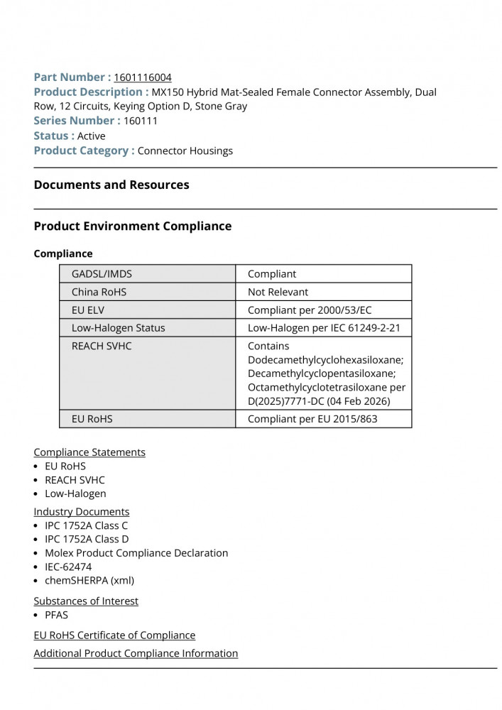 Product document page 1 for MOLEX 1601116004