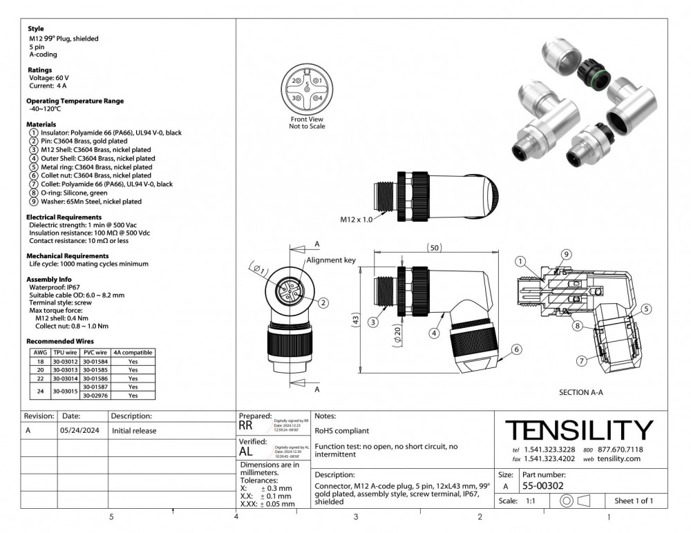55-00302 M12 5-pin A-coded plug product drawing