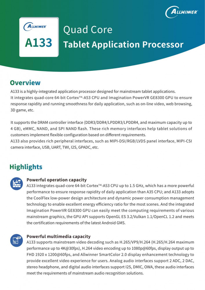 Allwinner A133 technical document page 1