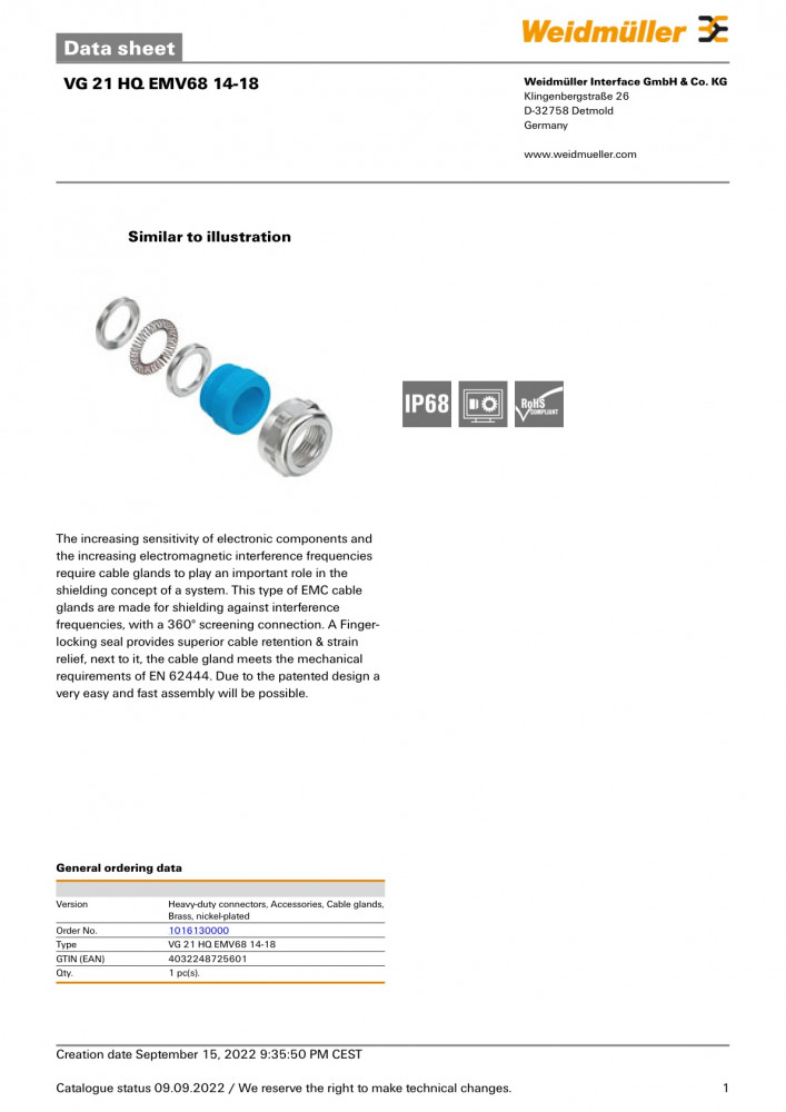 WEIDMULLER 1016130000 technical document page 1