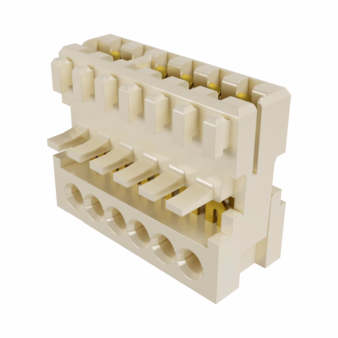 Appli-Mate RAST 2.5 Connector, 2.50mm Pitch, Female, 6 Circuits, Polarizing Rib Between 2/3, Locking Pips, Slotted Endwalls, Gold Plating for sale