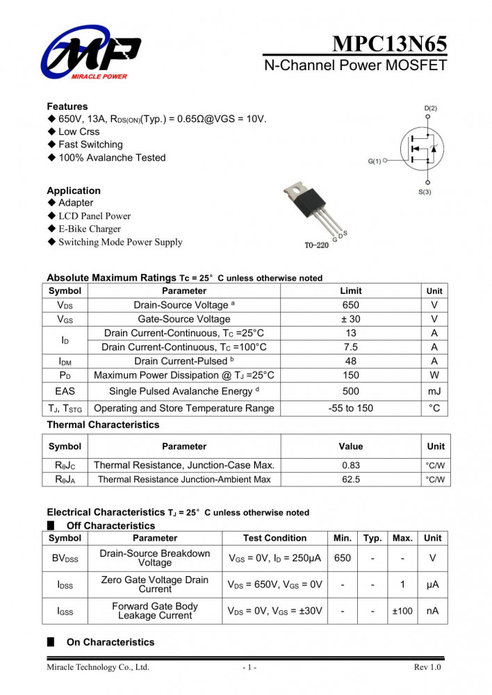 MPC13N65 datasheet page 1