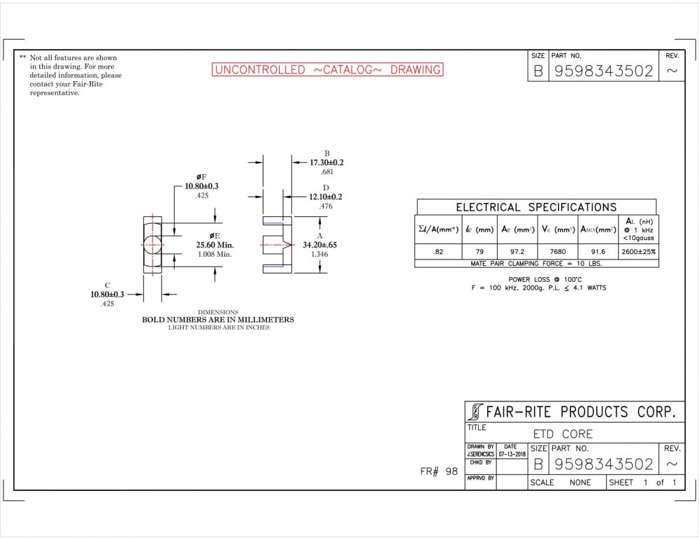 Fair-Rite 9598343502 ETD core drawing