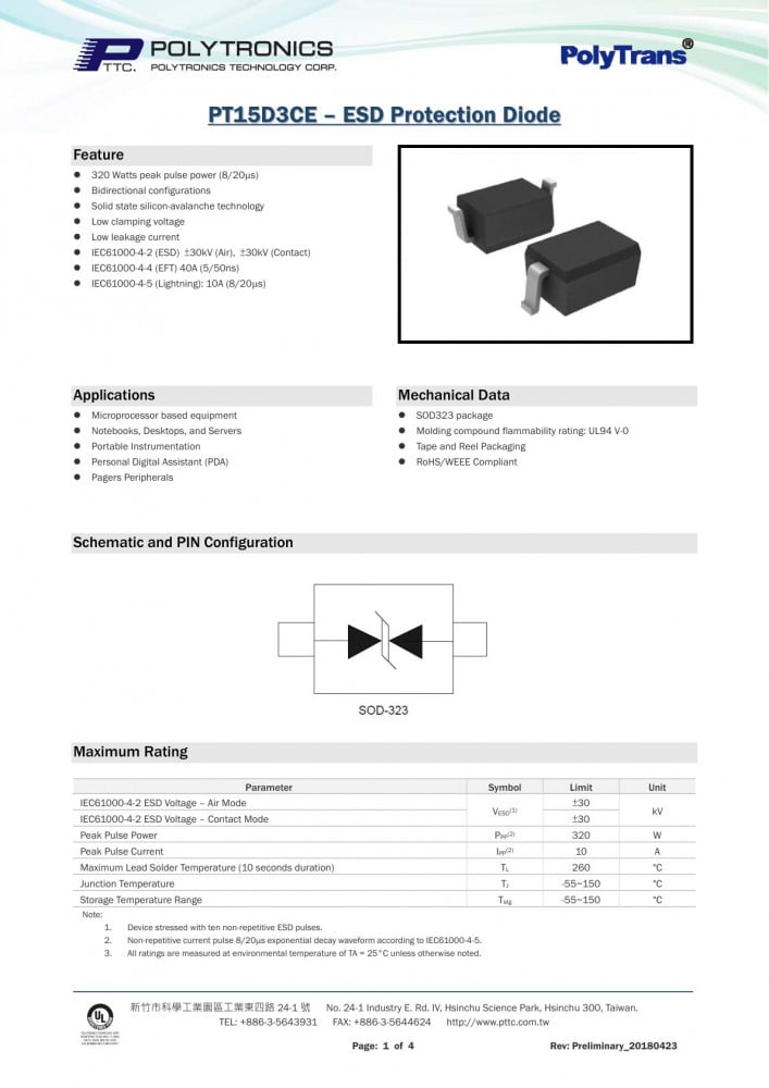 PT15D3CE datasheet page 1