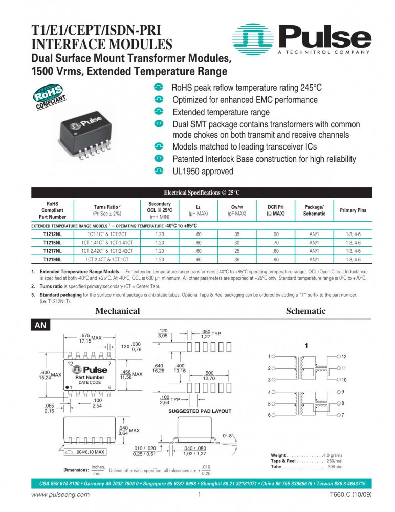 PULSE T1212NL technical document page 1