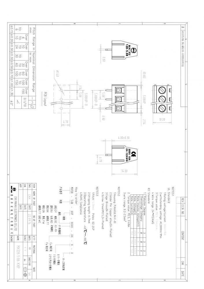 MX128-5.08 terminal block technical drawing