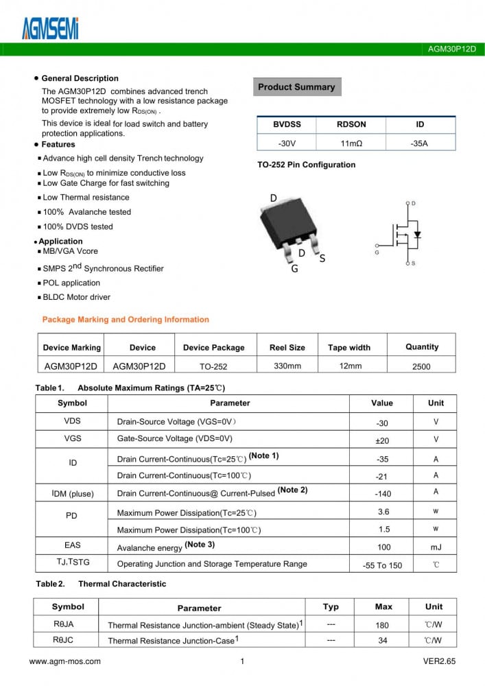 AGM30P12D datasheet page 1