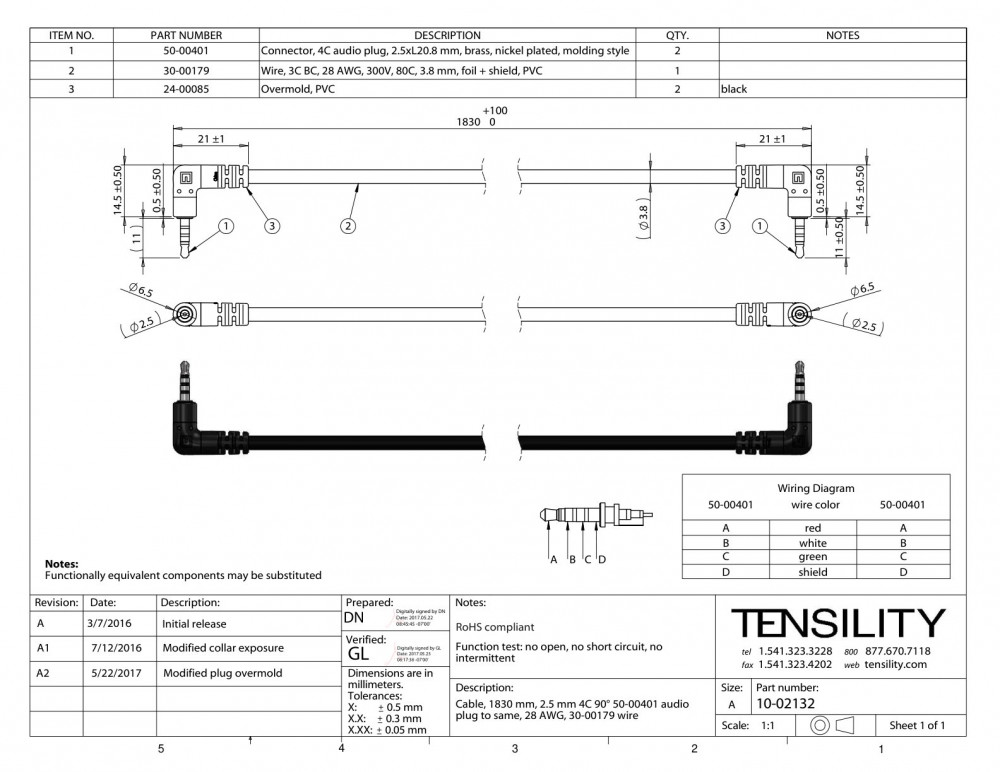 Tensility International 10-02132 cable assembly drawing