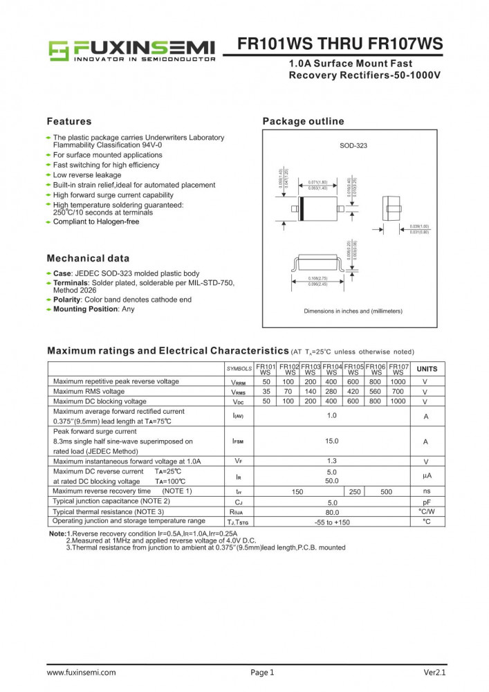 FR107WS datasheet page 1